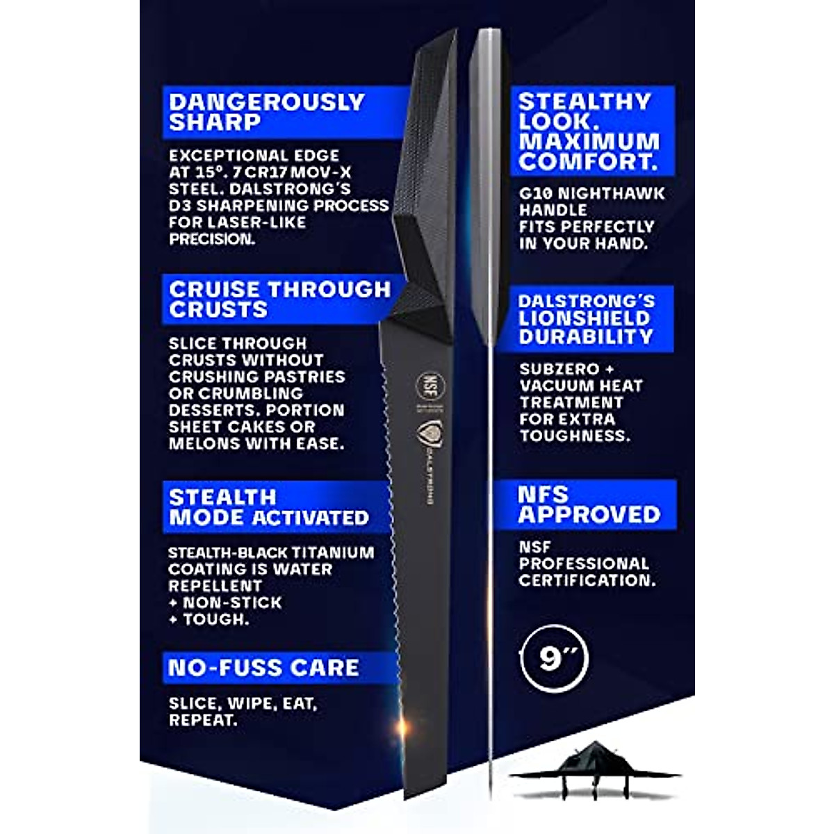 Dalstrong Serrated Bread Knife - 9 inch - Shadow Black Series - Black Titanium Nitride Coated - High Carbon - 7CR17MOV-X Vacuum Treated Steel - Bread Slicer Cutter - Slicing - Sheath - NSF Certified