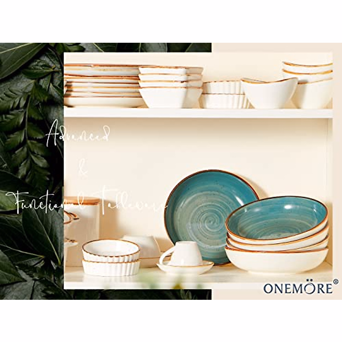 ONEMORE Porcelain Salad Pasta Bowls 30 Ounce, Set of 6 Ceramic Salad Dinner plates Bowls, Shallow & Wide Serving Bowls for Soup, Dessert, Pizza. Microwave & Dishwasher Safe Kitchen Dinnerware, Teal