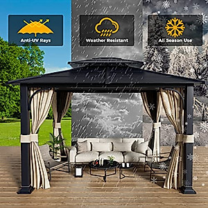Metal Gazebo 10x12 Ft W/Double Roof, Anti-Rust Coating Permanent Iron Hardtop Outdoor Waterproof Pergola w/Curtains & Netting, Steel Hard Top Gazebo for Patio Backyard Garden Lawn Deck, w/Hook Design