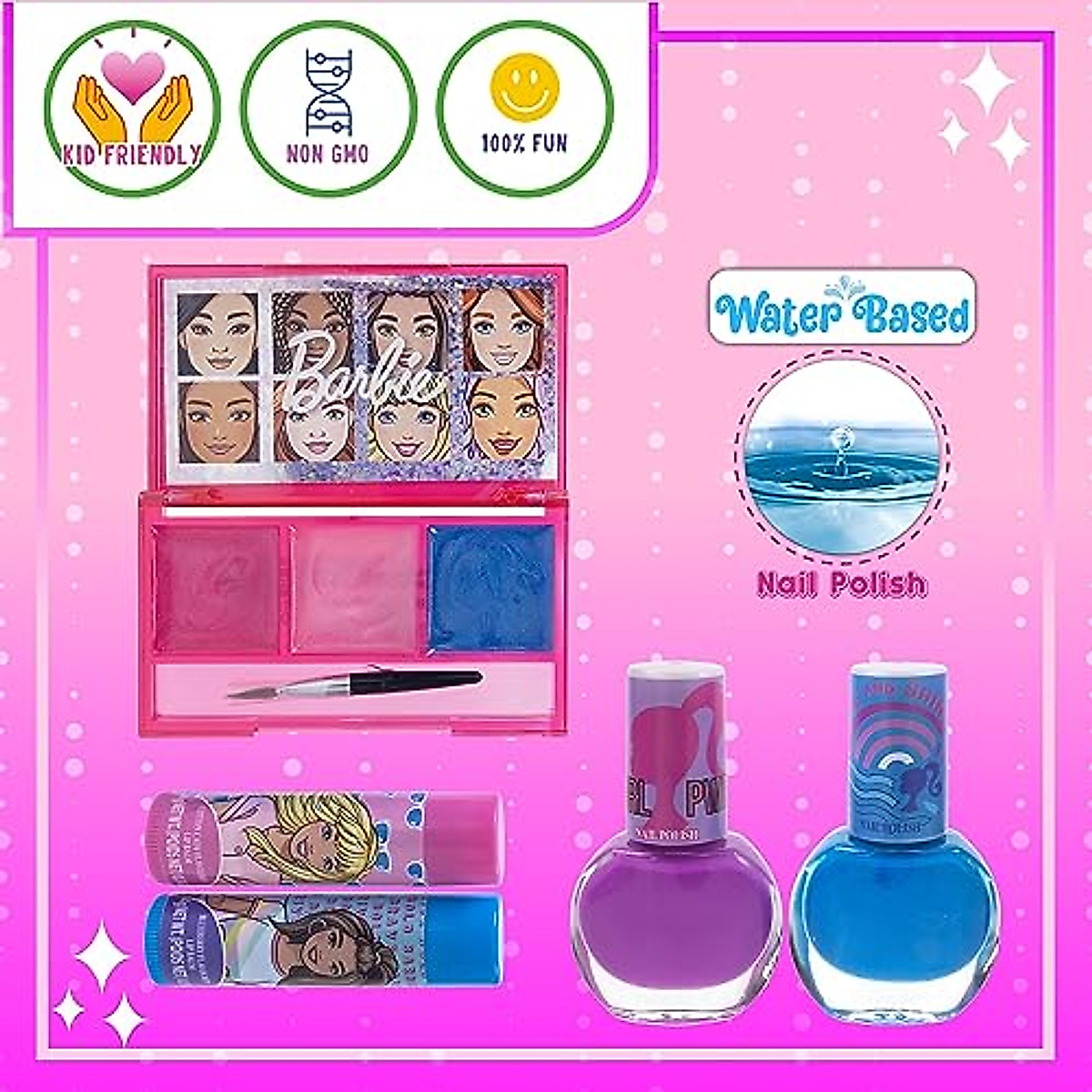 Barbie - Townley Girl 15 Pcs Makeup Filled Backpack Cosmetic Gift Set with Mirror Includes Lip Gloss, Nail Polish, Hair Bow & More! for Kids Girls, Ages 3+ Perfect for Parties, Sleepovers & Makeovers