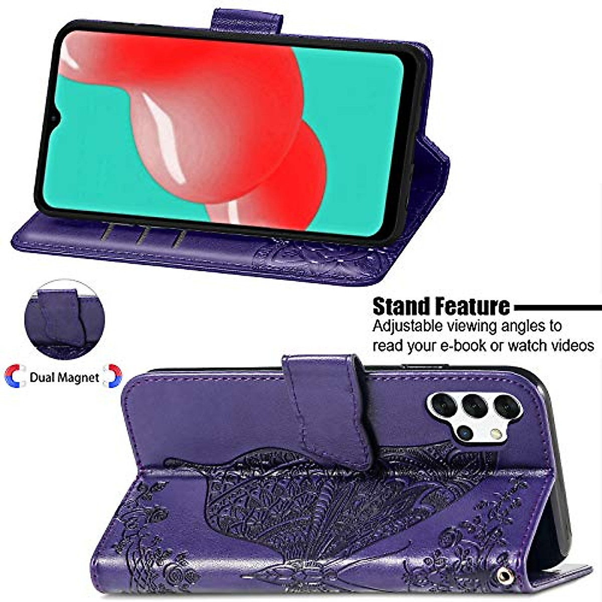 PU Leather Wallet Flip Protective Phone Case with Wrist Strap Card Slots Holder Pocket Emboss Butterfly Flower Stand Case for Samsung Galaxy A32 5G Purple