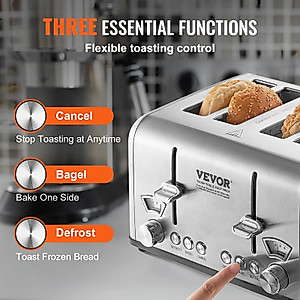 VEVOR Retro Stainless Steel Toaster, 4 Slice, 1625W 1.5'' Extra Wide Slots Toaster with Removable Crumb Tray 6 Browning Level, Reheat Cancel Defrost and Bagel Functions for Toasting Bread Bagel Waffle