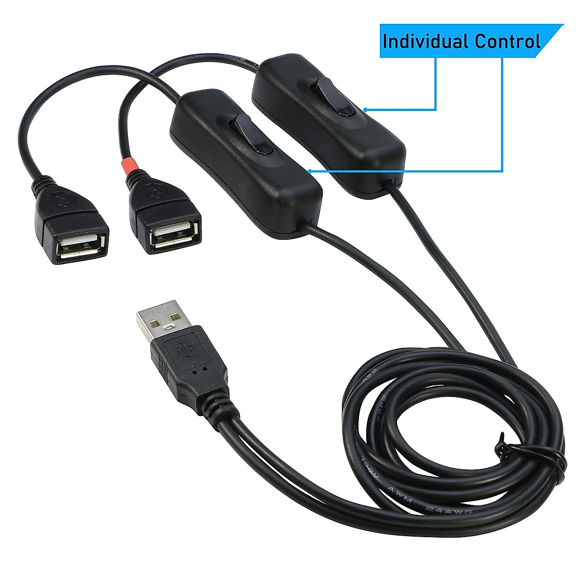 RIITOP USB Splitter with ON/Off Switch [3.3FT], USB 2.0 Extension Male to Female Cable (1x USB Data and Power Female and 1x USB Power Female)