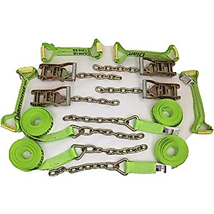 Safe 'n Secure 8 Point Heavy Duty Hi Viz Diamond Weave 18' Strap Kit for Rollback/Flatbed Tie Downs with 12" Chain Tail