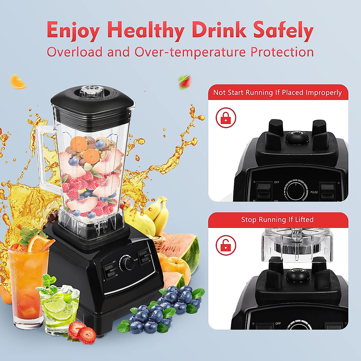 Commercial Countertop Blender 2200W Food Blender Mixer, Heavy Duty Countertop Kitchen Blender High Speed Fruit Extractor Juicer for Fruits, Shakes, Smoothies & Soup US Plug (Black)