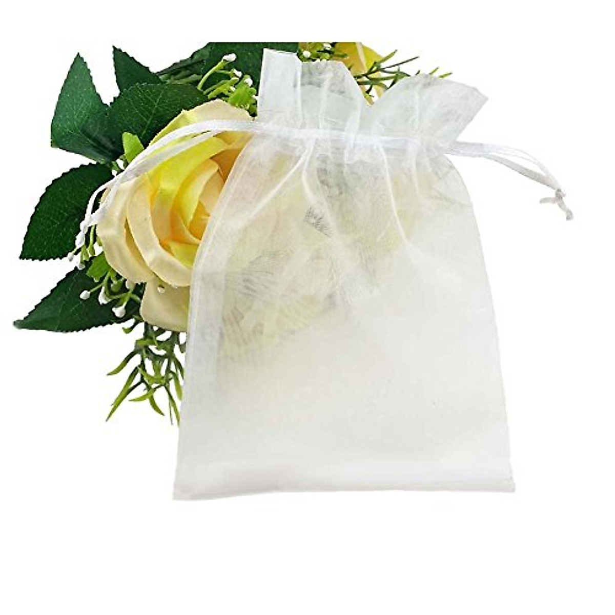 SumDirect  White Organza Bags with Drawstring - 100Pcs 5x7 inch Jewelry Pouches, Wedding Favor Gift Bags for Christmas Party