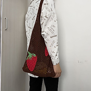 Alafime Women's Shoulder Handbags Aesthetic Knitted Hobo Bag Cute Hollow Strawberry Bag Y2K Underarm Bag Beach Bag Y2K Shoulder Cute Flower Knitting Tote (Brown)