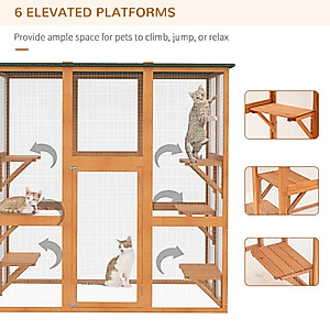 PawHut Outdoor Cat House Big Catio Wooden Feral Cat Shelter Enclosure with Large Spacious Interior, 6 High Ledges, Weather Protection Asphalt Roof, 71" L, Orange