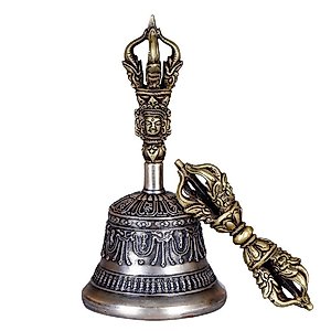 6.5" Tibetan Buddhist Meditation Bell and Dorje Set, Made in Nepal-100% Handmade Dharma Objects Copper Bell for Home Decoration for Meditation, Prayer, Reiki, Clarity, Focus, Healing Dorje Set