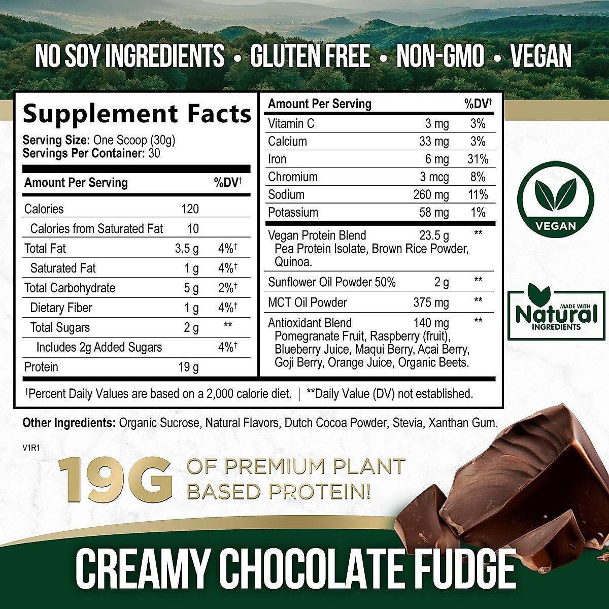 Vegan Protein Powder, Double Chocolate Fudge - 19g Protein & 100% Plant Based - Fast Absorbing Premier Protein for Smoothies & Shakes - No Lactose Ingredients, Gluten Free, Non-GMO - 30 Servings