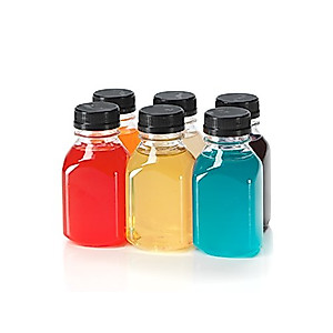 (6) 8 oz. Clear Food Grade Square Plastic Juice Bottles with Black Tamper Evident Caps 6/pack
