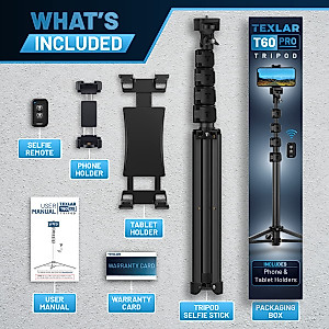 Texlar 60" Phone Tripod Stand for iPhone and iPad - Includes Wireless Remote, Cell Phone and Tablet Holders - for Camera Video Recording, Travel - T60 Pro Selfie Stick Tripod