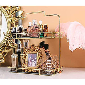 Z PLINRISE Makeup Organizer, 2 Tier Bathroom Organizer Cosmetic Storage Shelf for Dresser and Countertop, Decorative Wire Vanity Organizer Basket with Marbling Glass Tray (Black)