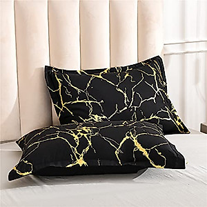 Holawakaka Black Gold Metallic Marble Duvet Cover Set Queen Size Foil Print Glitter Bedding Set (Black Queen, No Comforter)