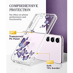 GVIEWIN Compatible with Samsung Galaxy S23 Plus Case with Screen Protector+Camera Lens Protector, Slim Shockproof Clear Floral Pattern Phone Protective Cover for Women 6.6" (Alluring Butterfly/Purple)