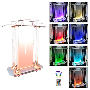LAYIQDC Church Pulpit with Hollow Cross Design,Led Acrylic Church Podium with Wheels& Vertical Reading Platform, 46”Transparent Lecterns for Churches,Classroom and Weeding(39.4”L*15.7”W *44”H)