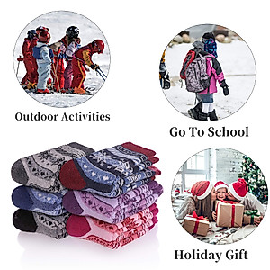 FNOVCO Kids Merino Wool Hiking Socks Toddlers Boys Girls Cozy Thermal Winter Thick Warm Crew Socks 6 Pairs (8-12 Years, Snowflake)