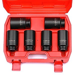 CASOMAN 1/2- Inch Drive Deep Spindle Axle Nut Impact Socket Set, 6-Piece 1/2" Dr. Deep Impact Socket Set,6 Point, CR-MO, Metric, Impact Grade, 30mm, 32mm, 33mm, 34mm, 35mm, 36mm