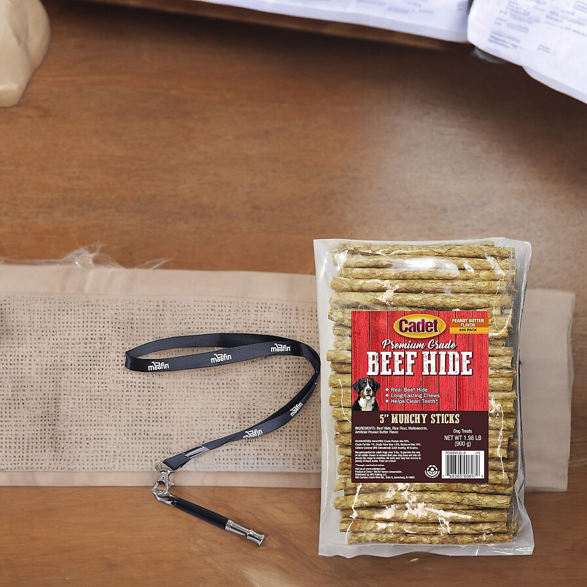 moofin Cadet Premium Grade Beef Hide 5" Munchy Sticks,1.98 Lb, Long-Lasting Dog Chews for Teeth Cleaning, 100-Count, Bundle with Pet Training Stainless Steel Clicker Whistle [Pack of 3]