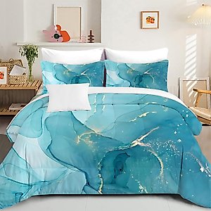 VTKON Blue Marble Bedding Set Tie Dye Comforter Set Queen, Dorm Bedding Teen Girl Bedding, Blue and Gold Marble Kids Bedding Set, Aesthetics Bedding Set Includes 1 Comforter + 2 Pillowcases