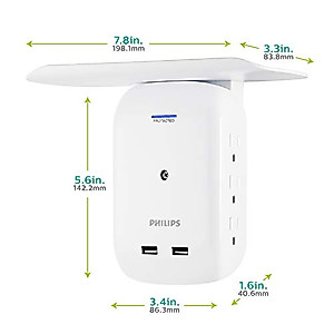 Philips 6-Outlet Extender 2-USB Surge Protector, Side Access Adapter, Wall Tap, Removable Device Charging Shelf, Charging Station, Protected Indicator Light, 450J, 2.4A, 12W, White, SPS6024WA/37