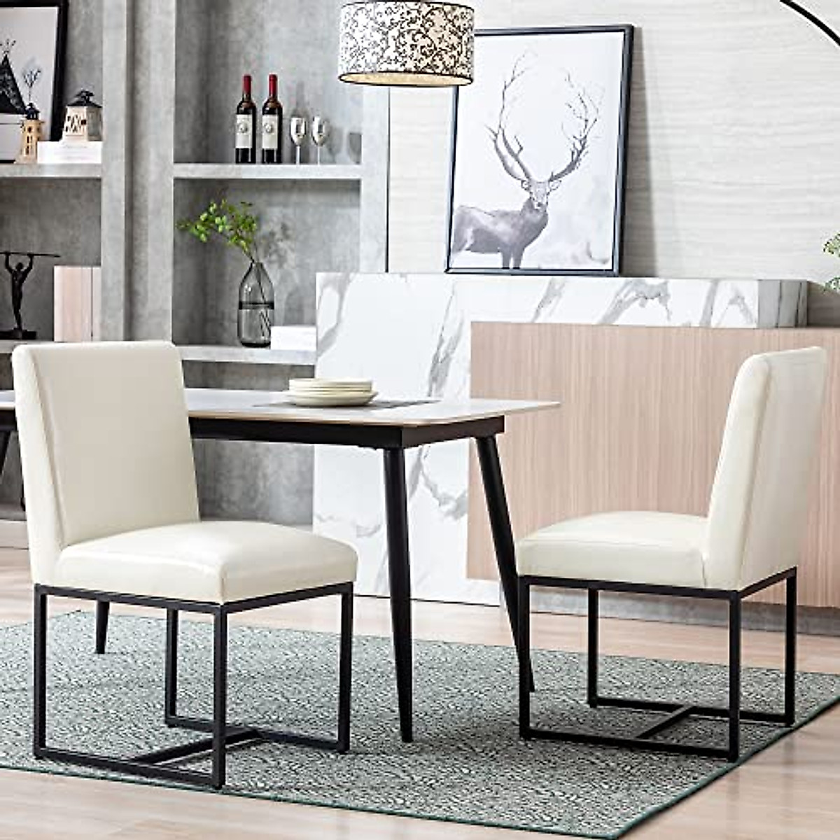 VESCASA Faux Leather Upholstered Dining Chairs with Black Metal Frame, Mid Century Modern Padded Kitchen Chair with Adjustable Foot Pads for Restaurant, Dining Room, Set of 2, Cream