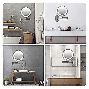 Wall Mounted Lighted Makeup Mirror, 1X 10X Magnifying Mirror with Light 3 Color Dimmable, 8'' Double Sided LED Light up Bathroom Vanity Mirror with Magnification, 360° Extendable Arm Shaving Mirror