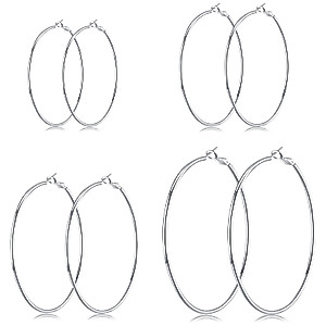 4 Pairs Sterling Silver Hoop Earrings - 14k White Gold Plated Hoop Earrings Big Hoop Earrings Set Silver Hoop Earrings for Women Valentine's Day Gifts (30/40/50/60MM)