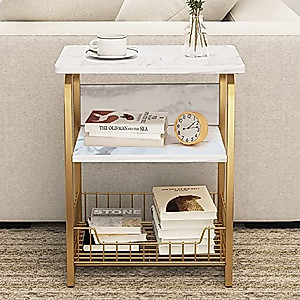 Garden 4 you End Table Side Table 3 Tiers White Marble Nightstand Industrial Retro Storage Shelf for Living Room Bedroom Kitchen Family and Office,Stable Wood and Metal Frame