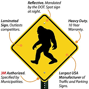 SmartSign 18 x 18 inch Sasquatch Bigfoot Crossing Metal Sign, 80 mil Aluminum, 3M Laminated Engineer Grade Reflective Material, Black and Yellow, Made in USA