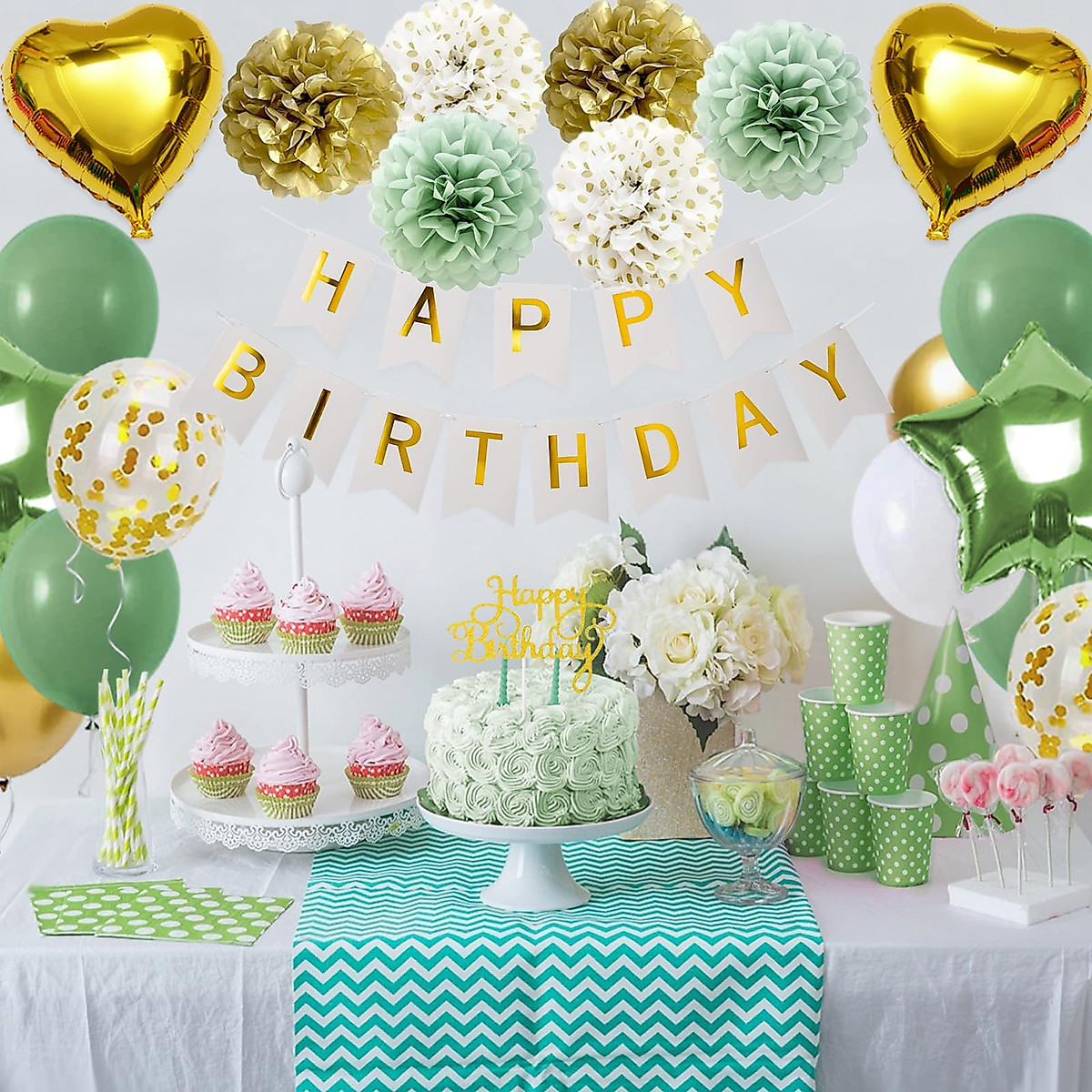 Rabbmall Sage Green Birthday Decorations for Women Girls Gold and Green Party Decor Set with Happy Birthday Banner and Balloons, Sash and Crown, Curtains, Balloon Decorations Kit