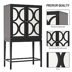 JIEJIEGAO Double Mirror Door Bar Cabinet, Wine Solid Rubber Wood Rack Cabinet, with 8 Wine Glass Holder Sideboard, with Featuring Two-Tier Storage, Wooden Storage Cabinet, Kitchen Organizer