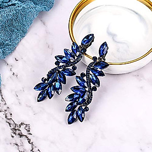 BriLove Wedding Bridal Clip On Earrings for Women Crystal Multi Marquise Filigree Flower Chandelier Dangle Earrings Navy Blue Sapphire Color Black-Silver-Tone