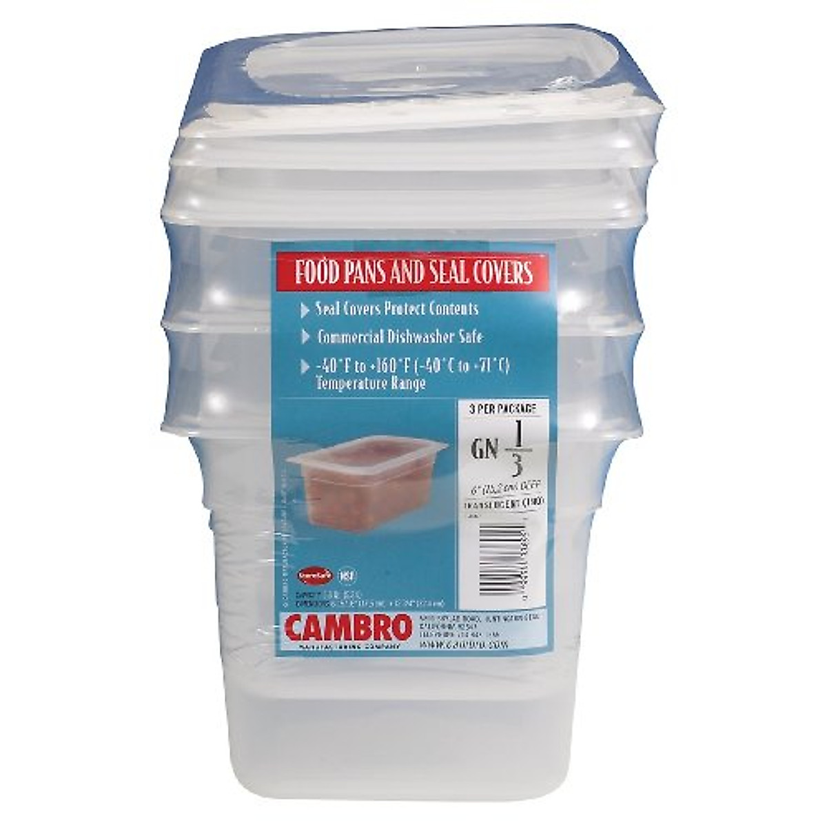 Cambro, 5.6 Quarts, Set of 3 Translucent Food Pans and Seal Covers, 1/3 Size, 6 Inch Deep