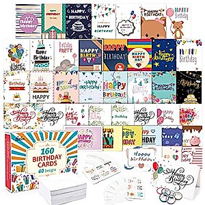 feela Birthday Cards, 160 Pack 40 Designs Happy Birthday Card Assorted Bulk with 160 Blank Envelopes 168 Pieces of Stickers 6 Washi Tapes, 4 X 6 Inches Greeting Cards For Girls Family Friends