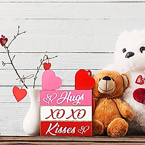 5 Pcs Valentine's Day Decorations Wooden Heart Blocks Signs Hugs Kisses Valentines Sign Decorations Gift Tiered Tray Decor Wood Heart Shape Wedding Decorations for Home Farmhouse (Heart)