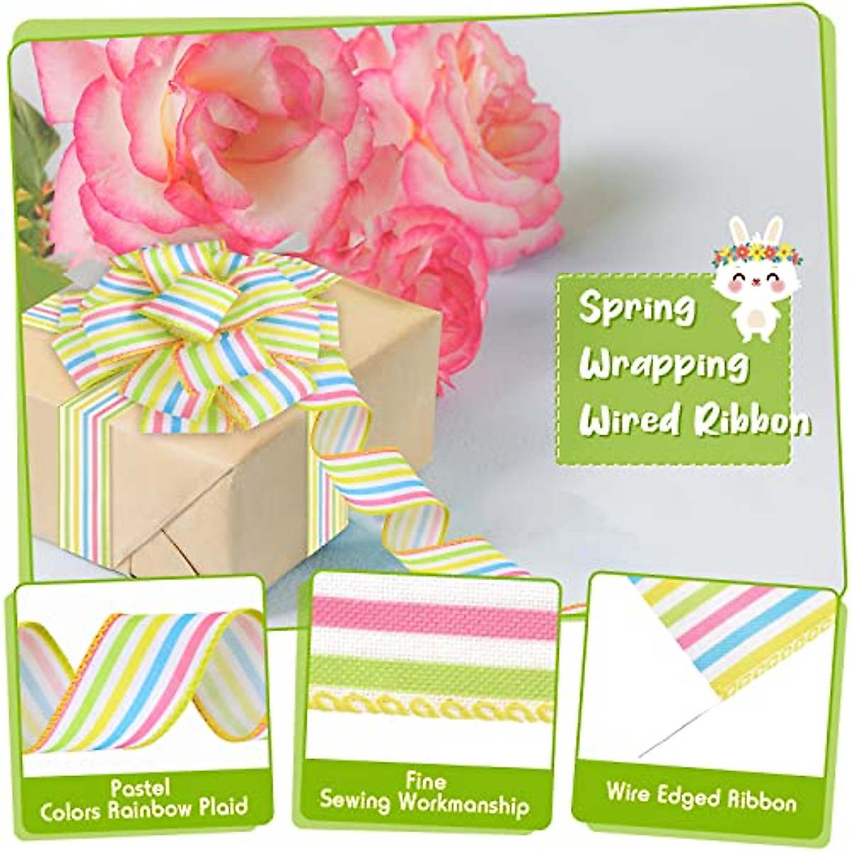 20 Yard Spring Ribbon Easter Stripe Wired Ribbon Burlap Pastel Stripe Ribbon Pink Lime Yellow White Blue 2 Rolls for Spring DIY Craft Baby Shower Gender Reveal Easter Holiday Decoration (1.5'')