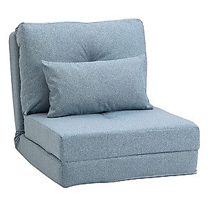 HOMCOM Convertible Flip Chair, Floor Lazy Sofa, Folding Upholstered Couch Bed with Adjustable Backrest, Metal Frame and Pillows for Living Room Bedroom, Blue