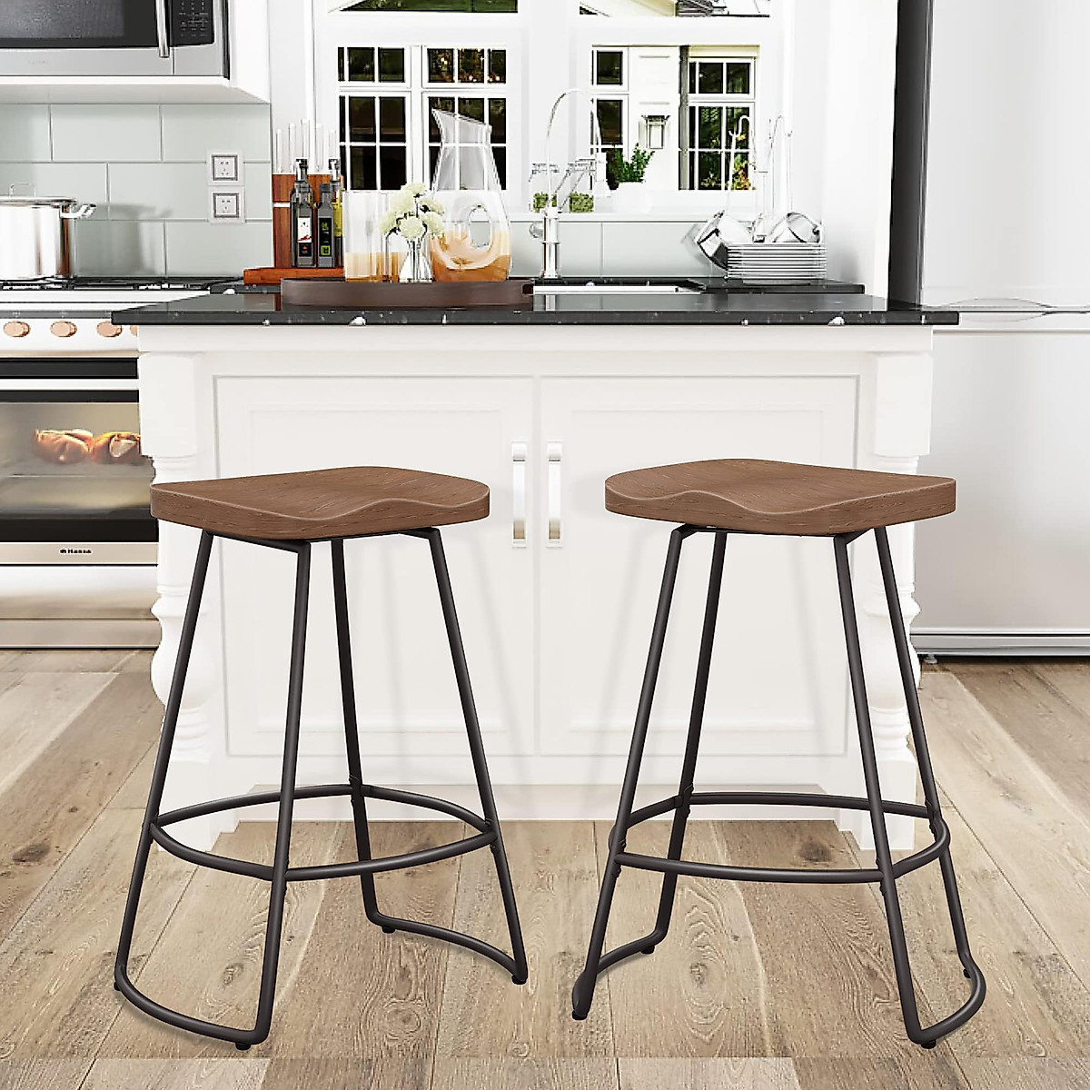 Awonde 26" Swivel Bar Stools Set of 2 Industrial Metal Counter Height Stools with Wood Top Matte Black
