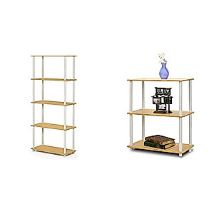 Furinno Turn-N-Tube 5-Tier Multipurpose Shelf/Display Rack/Storage Shelf/Bookshelf, Round Tubes, Beech/White & Turn-N-Tube Display Rack, 3-Tier Single, Beech