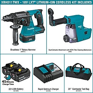 Makita XRH011TWX 18V LXT® Lithium-Ion Brushless Cordless 1" Rotary Hammer Kit, accepts SDS-PLUS bits, w/HEPA Dust Extractor Attachment (5.0Ah)