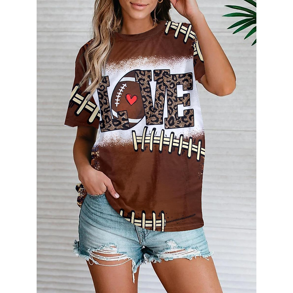 Women Football Shirt Game Day Shirt Love Football Print Tee Football Season T-Shirt Vintage Bleached Short Sleeve Top Bronze