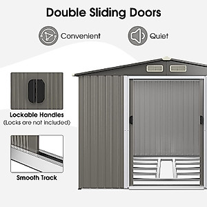 Goplus 8.5’ x 6.8’ x 6’ Outdoor Storage Shed, Weather-Resistant Utility Storage House w/Foundation, 4 Air Vents, Double Doors & Ramp, Galvanized Steel Tool Shed for Garden, Lawn, Patio, Yard