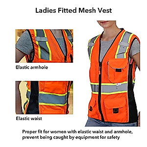 Dib Safety Vest for Women with Pockets, Mesh Reflective Vest High Visibility, ANSI Class 2 Made with 3M Reflective Tape, Orange and Black S