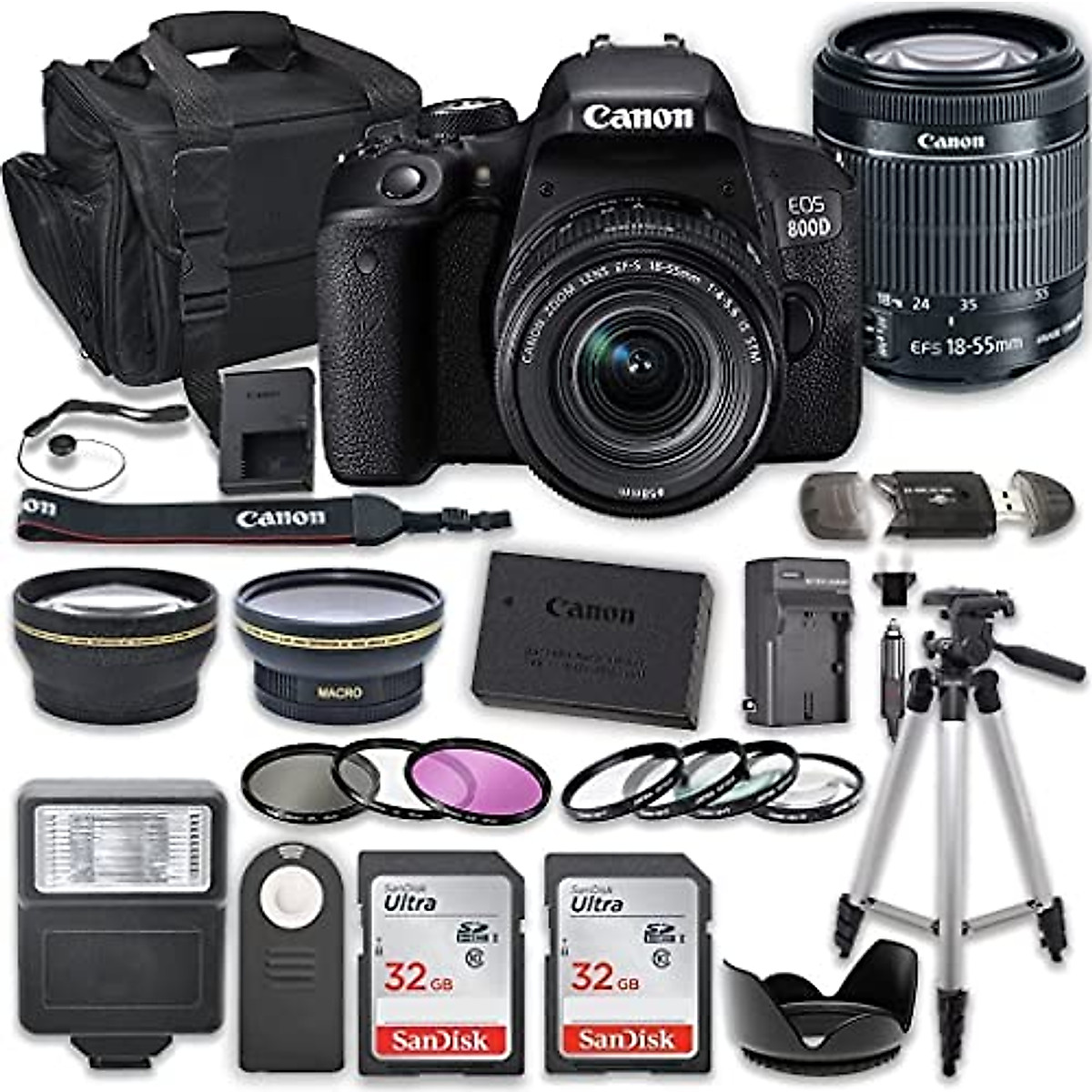 Canon EOS 800D (Rebel T7i) DSLR Camera Bundle with 18-55mm STM Lens + 2pc Sandisk 32GB Memory Cards + Accessory Kit