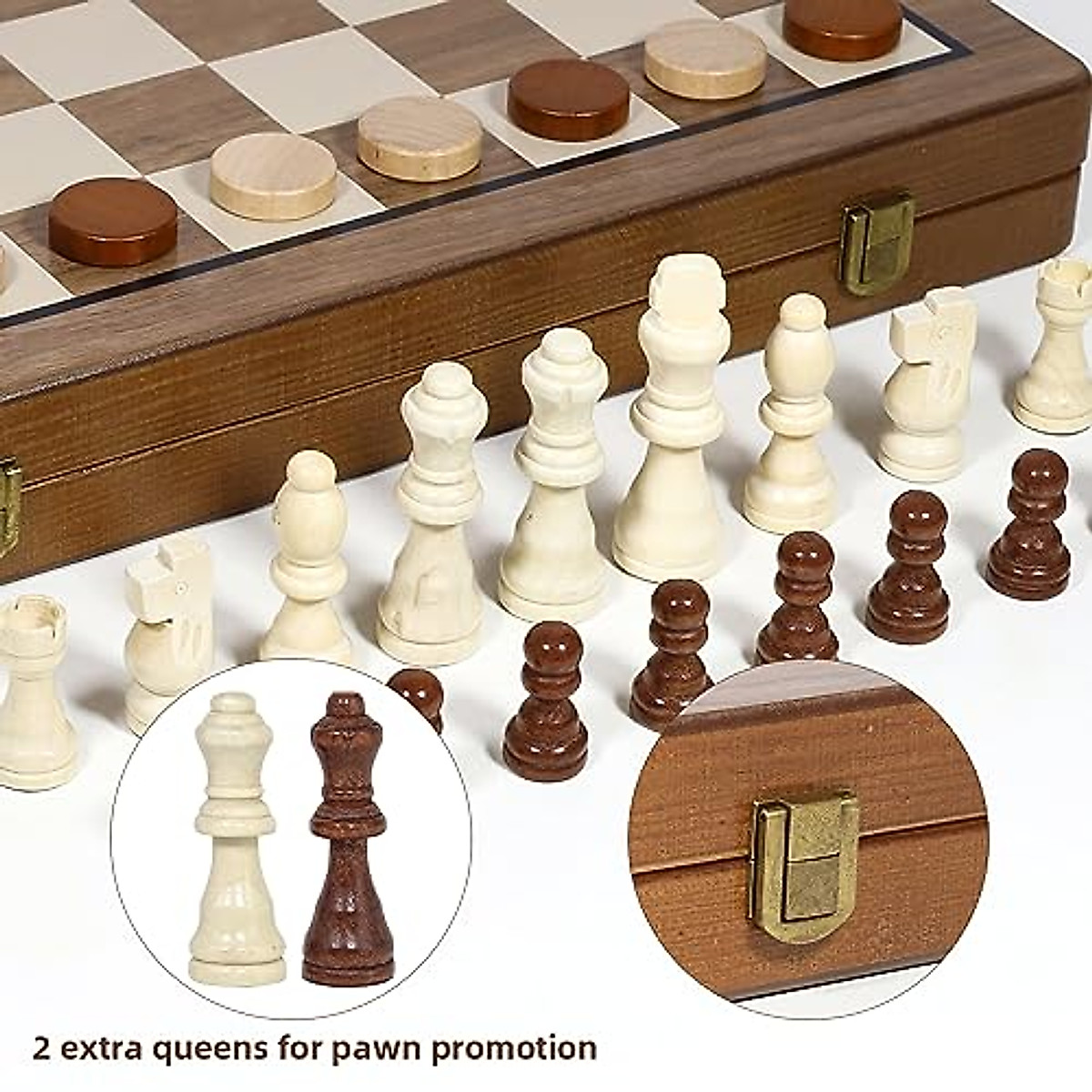 2 in 1 Magnetic Chess Sets,15in Folding Wooden Chess & Checkers Set Board for Adults,Chess Pieces with 2 Extra Queen,Travel Chess Set with Storage Bag for Kids