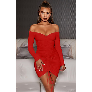 XXTAXN Women's Sexy Elegant Long Sleeve Off The Shoulder Ruched Mini Dress Red
