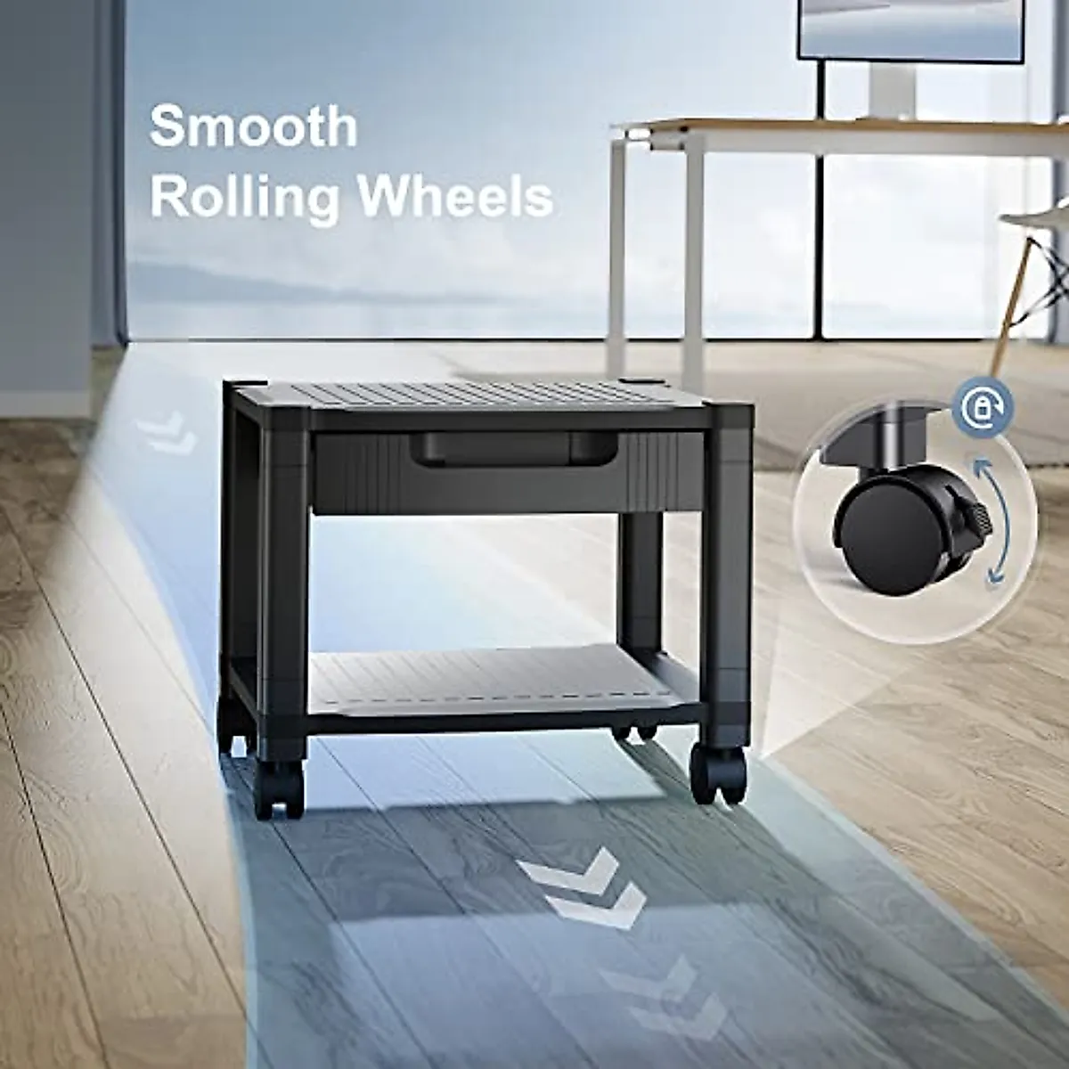 HUANUO Printer Stand - Under Desk Printer Stand with Cable Management & Storage Drawers, Height Adjustable Printer Desk with 4 Wheels & Lock Mechanism for Mini 3D Printer HNDPS