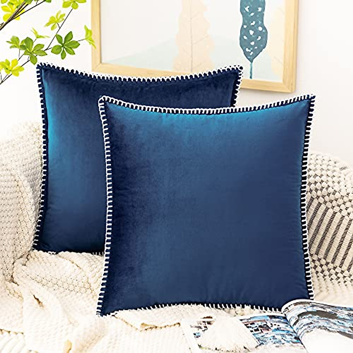 GAWAMAY Gray Throw Pillow Covers 16x16 Inch Soft Navy Blue Velvet Pillow Cover with Modern Chenille Edge, Winter Farmhouse Decorative Pillow Caces for Holiday Living Room Sofa Couch Beding (40x40cm)