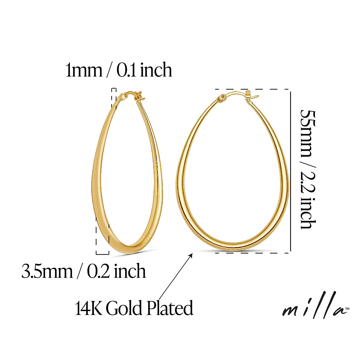 MILLA Oval Hoop Earrings - 14K Gold Plated, Rose Gold Plated and Sterling Silver Plated Hoop Earrings for Women - Hypoallergenic & Lightweight (14K Gold Plated / 55 mm / 2.2 inches)